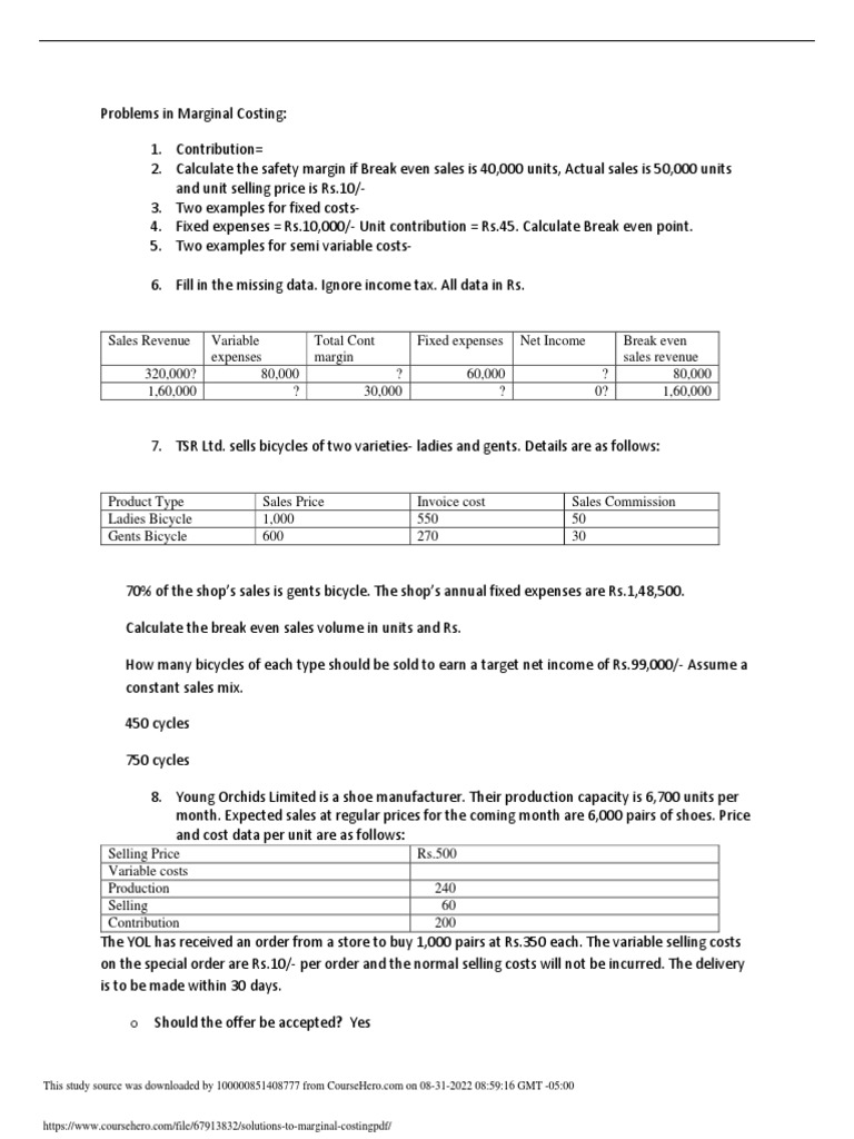 Solutions To Marginal Costing PDF | PDF | Prices | Microeconomics