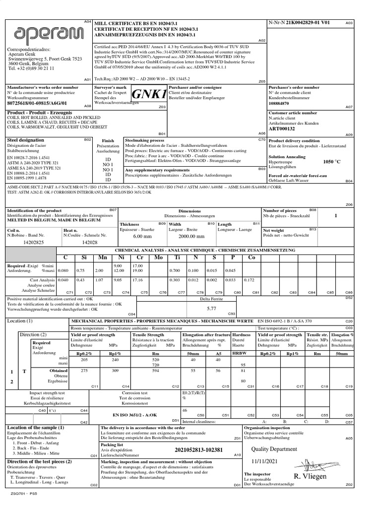 Mill Certificate Bs en 10204/3.1 Certificat de Reception NF en 10204/3.1 Abnahmepruefzeugnis Din ...