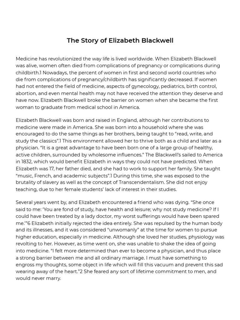 The Story of Elizabeth Blackwell - (Essay Example), 1096 Words ...