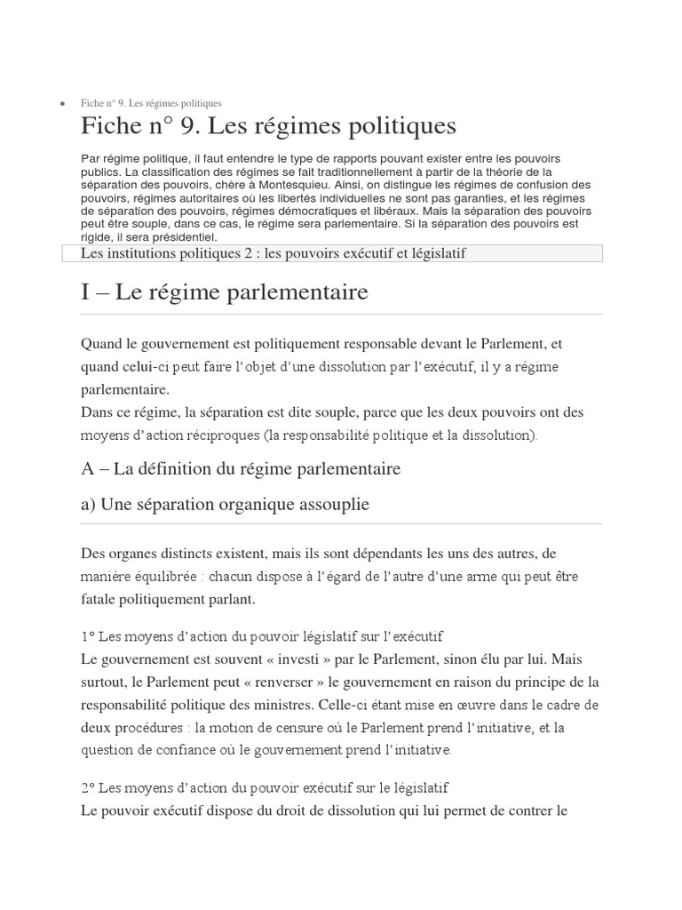 Fiche N° 9. Les Régimes Politiques | PDF | Politique mondiale | Système ...