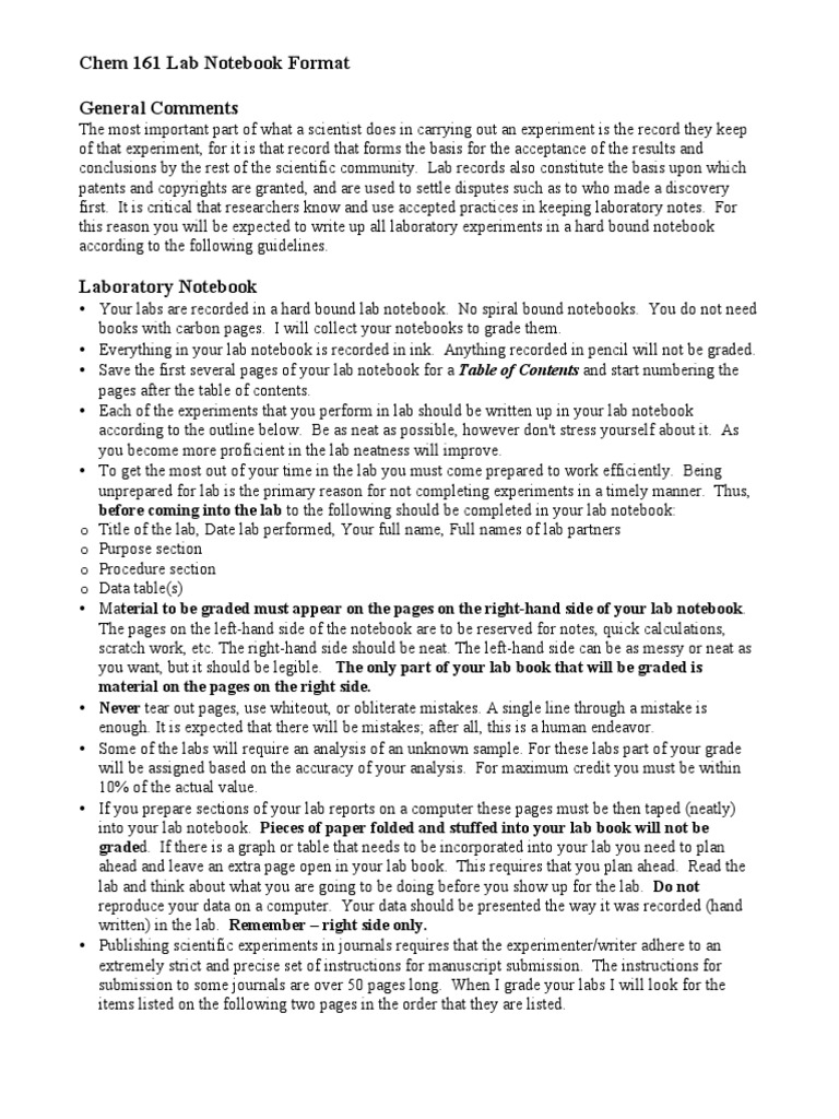 Chem 161 Lab Format | PDF | Data | Notebook