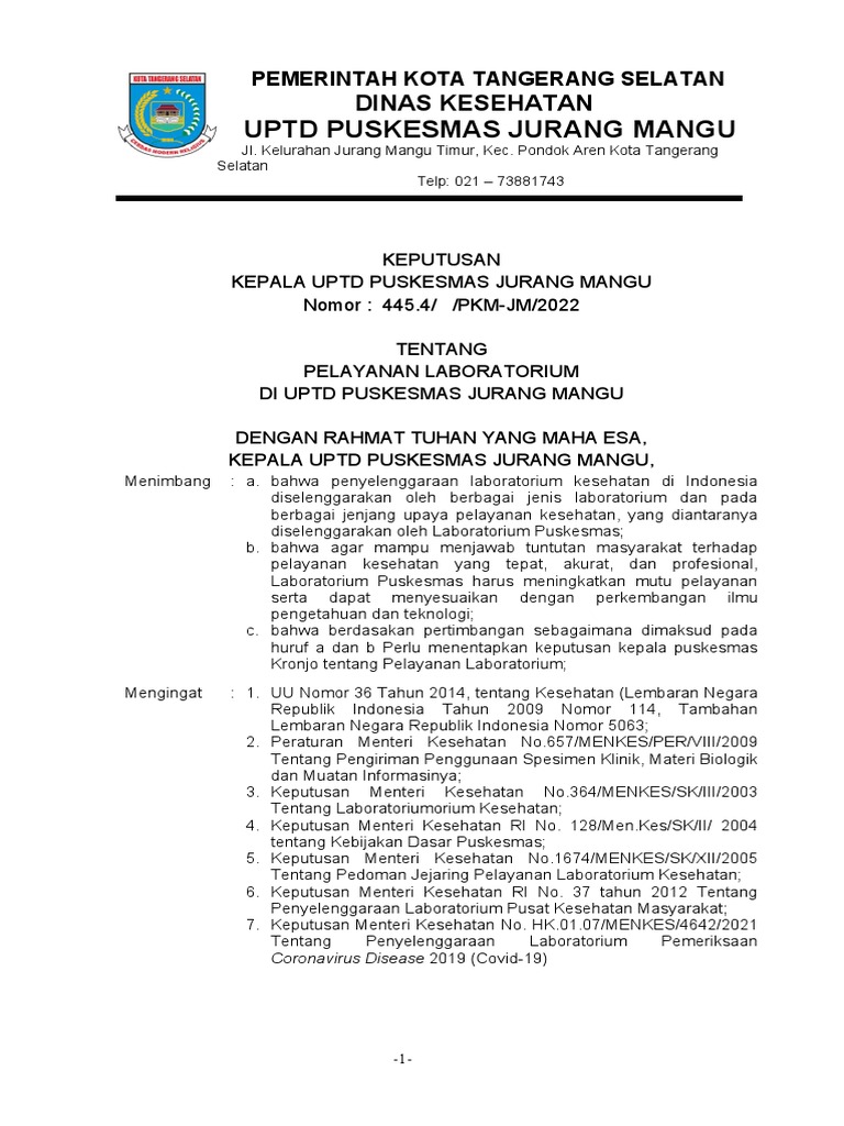 Pelayanan Lab Puskesmas Jurang Mangu | PDF