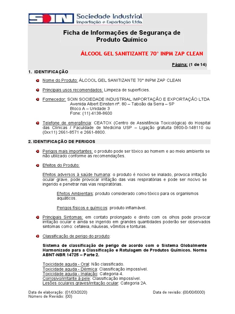 FISPQ ÁLCOOL GEL SANITIZANTE 70 INPM 500ml Rev.00 | PDF | Etanol ...