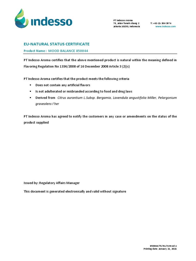 EU Natural Status Certificate for Mood Balance | PDF