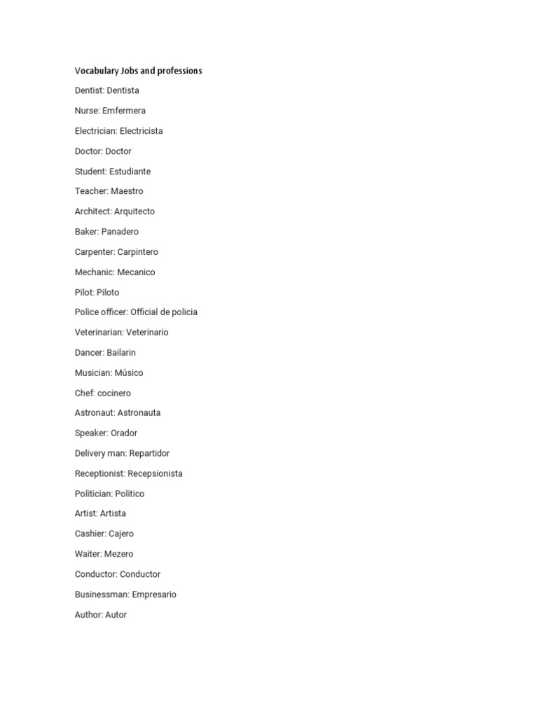 Occupations Vocabulary List | PDF | Technology & Engineering