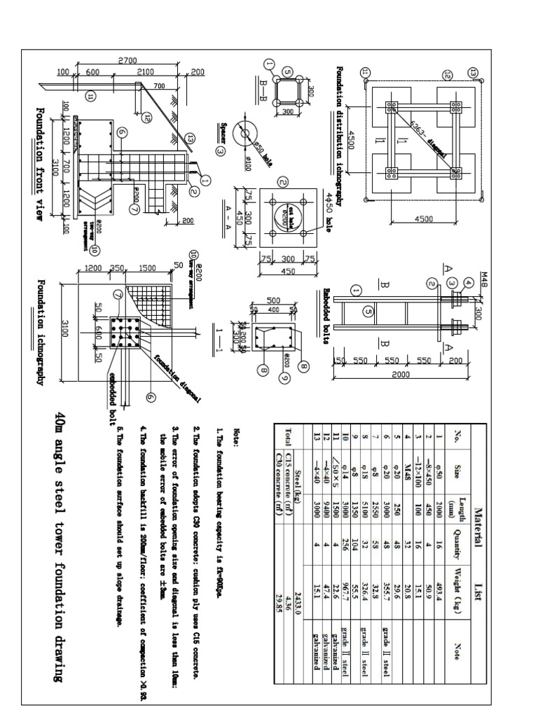 (90kpa) 40m Angle Steel Tower Foundation Drawing | PDF