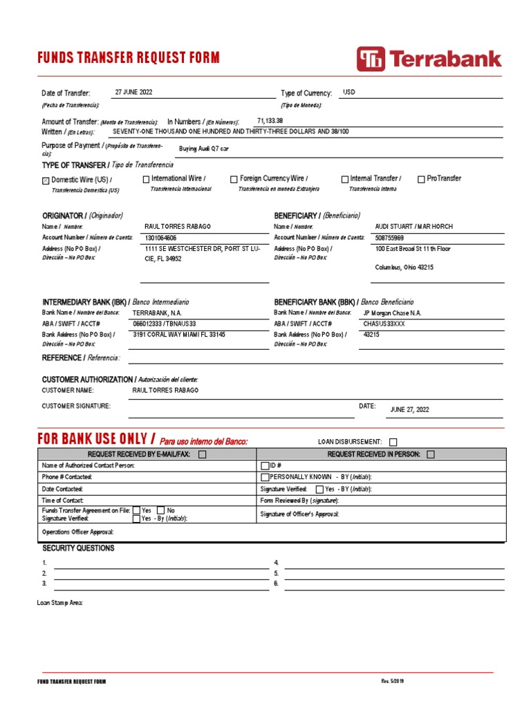 Funds Transfer Request Form May 2019 | PDF | Economies | Money