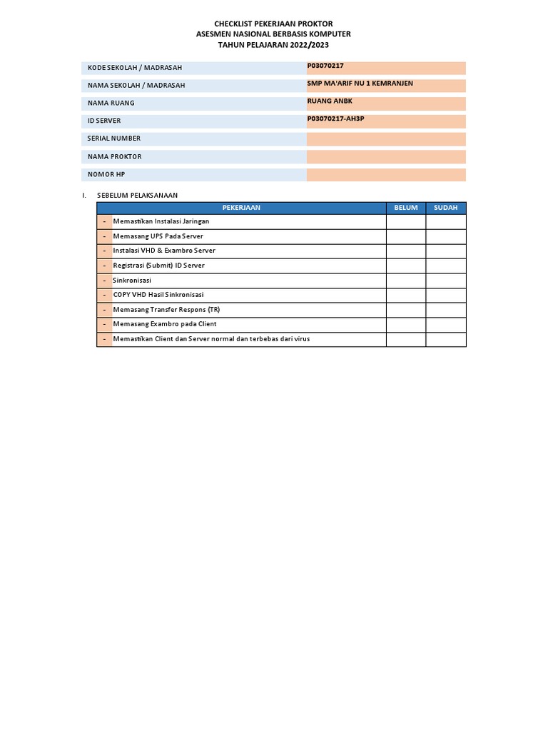 Checklist Pekerjaan Proktor ANBK - 2022 | PDF | Bisnis | Komputer