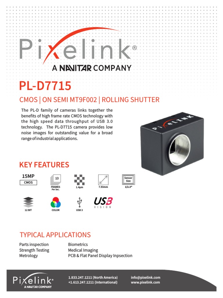 PixeLINK PL-D7715 Datasheet | PDF | Pixel | Autofocus