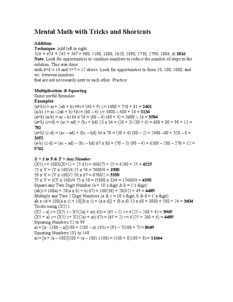 Mental Math Tricks and Shortcuts Guide | PDF