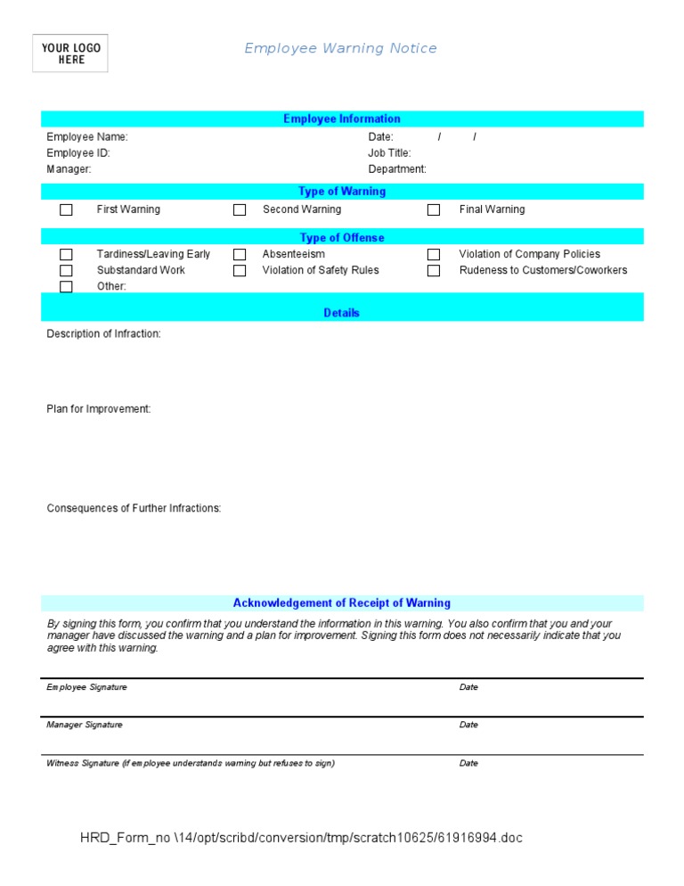 HRD 16 Employee Warning Notice | PDF | Business | Finance & Money ...