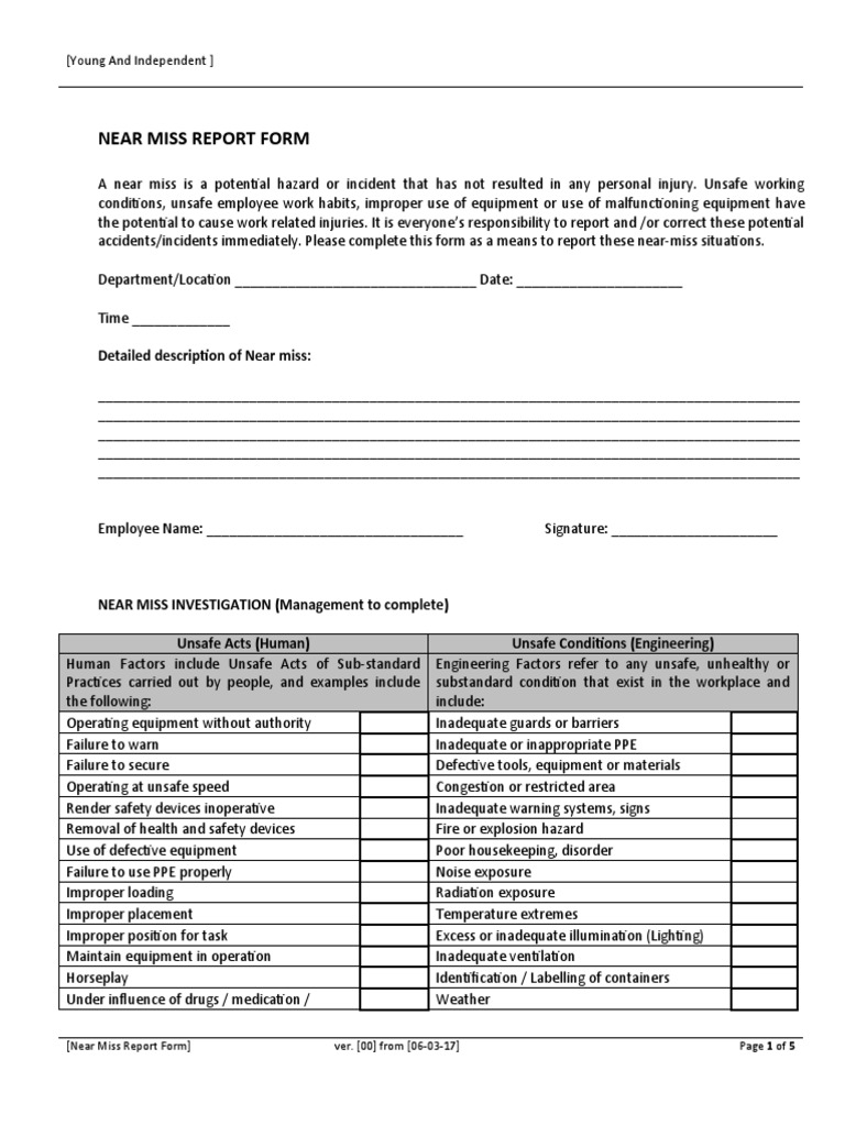 F7-006 Near Miss Report Form | PDF | Occupational Safety And Health ...