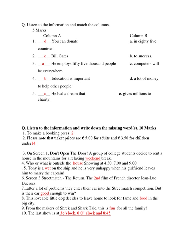 Q. Listen To The Information and Write Down The Missing Word(s) - 10 Marks 1. To Make A Booking ...