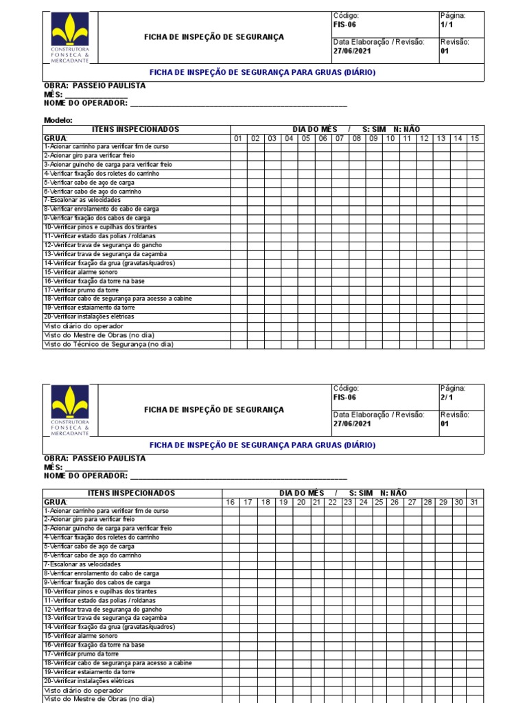 Check List Diário Gruas | PDF