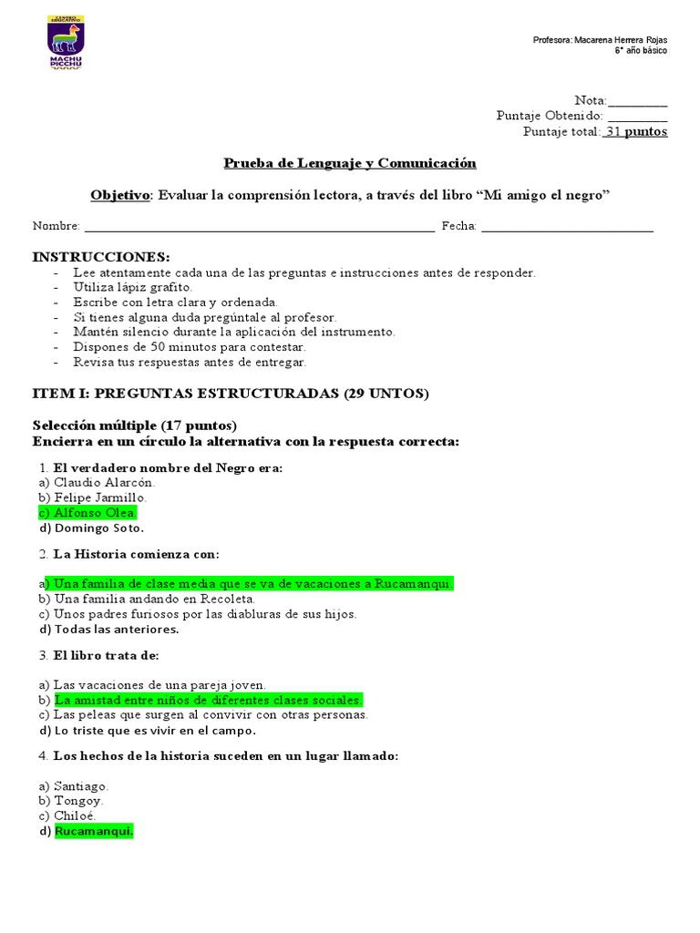 Prueba de "Mi amigo el negro" | PDF