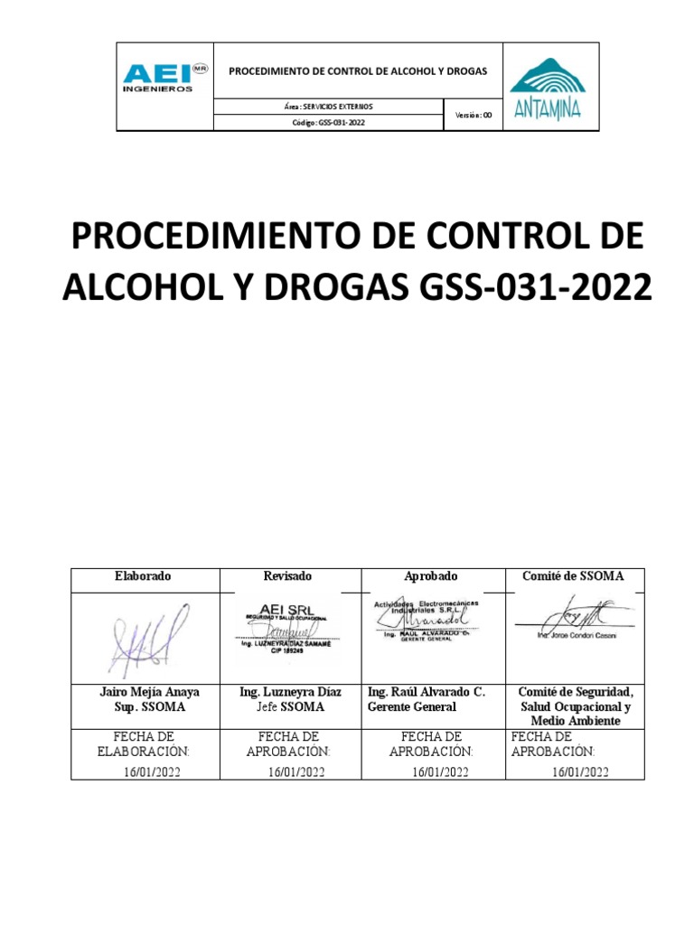 GSS-031-2022 Procedimiento de Control de Alcohol y Drogas | PDF | Drogas | La dependencia de ...