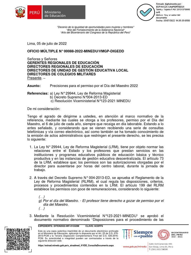 Oficio - Multiple-00088-2022-Minedu-Vmgp-Digedd - Precisiones Por El Día Del Maestro | PDF ...