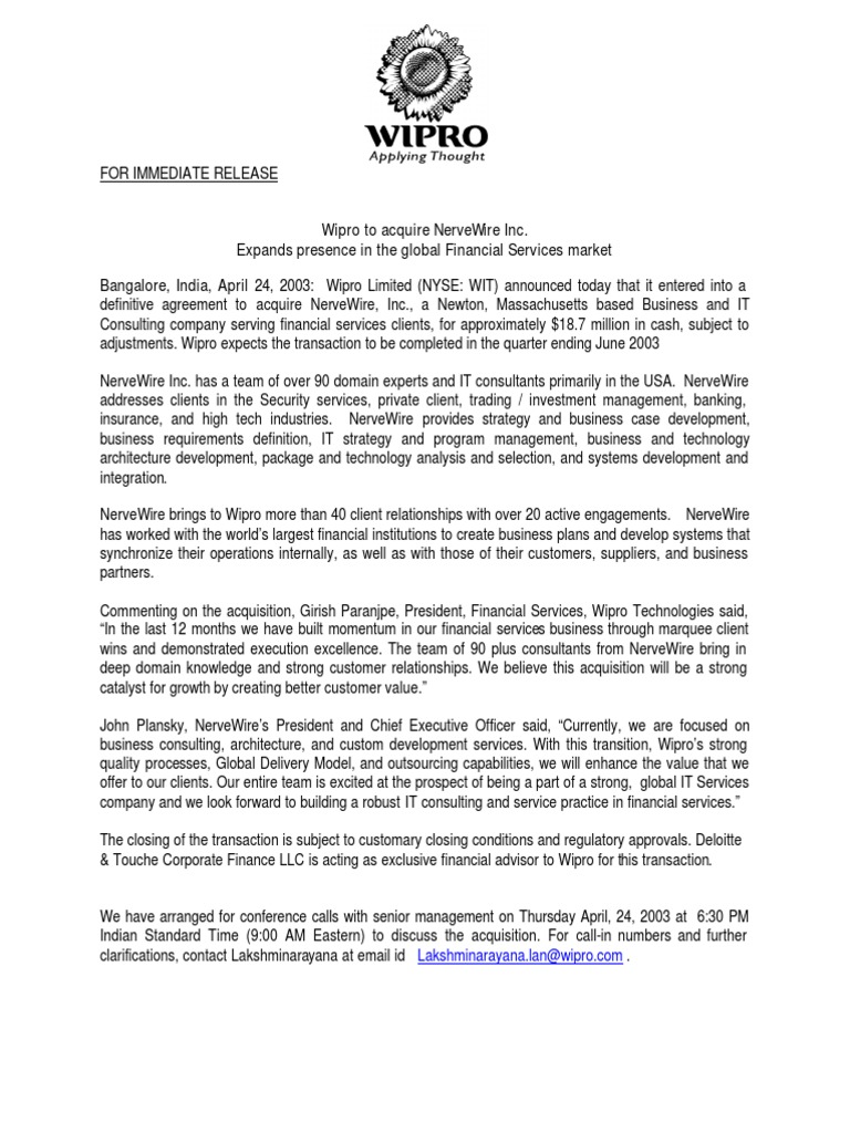 PDF Files Wipro To Acquire NerveWire Inc. Press Release | PDF | Mergers And Acquisitions | Business