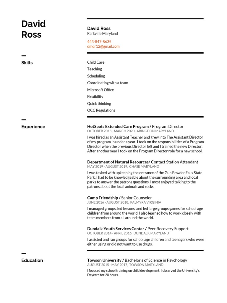 David Ross Resume | Download Free PDF | Child Care | Autism