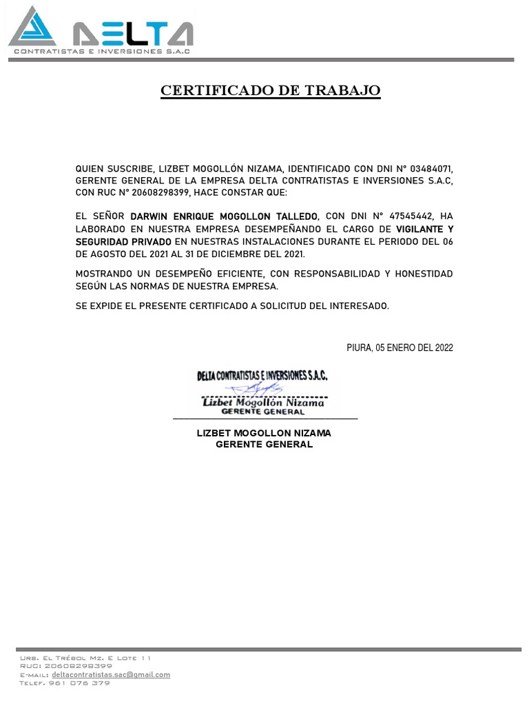 Certificado Delta Darwin | PDF