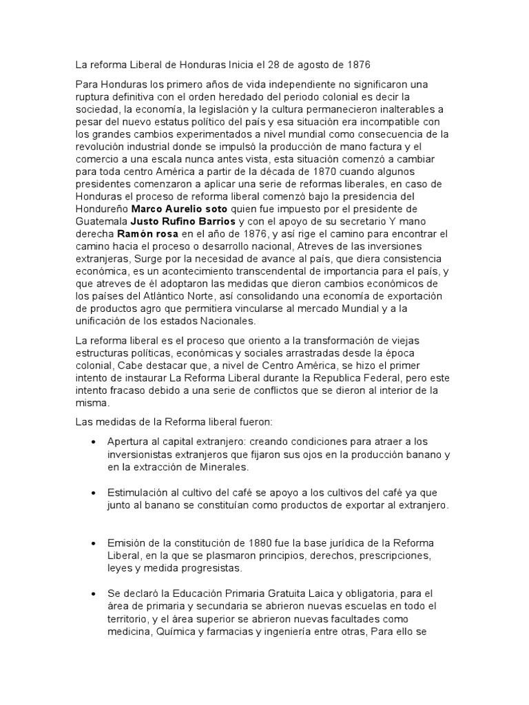 Resumen Reforma Liberal | PDF | Honduras | Economias