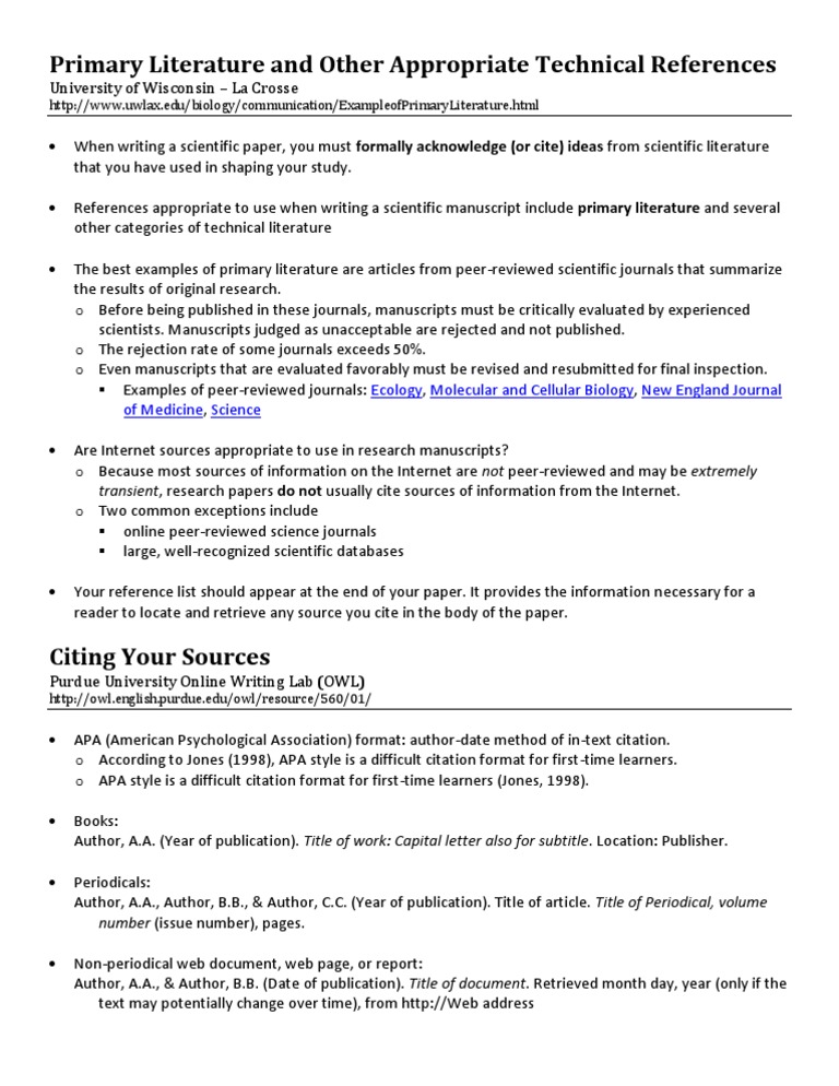 Primary Literature and Other Appropriate Technical References | PDF