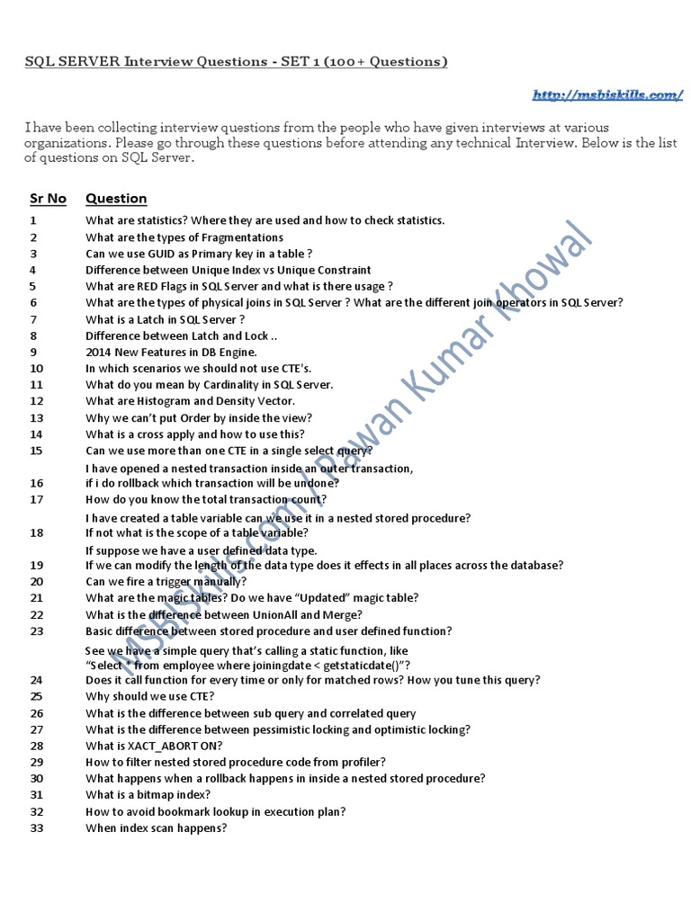 Pawan Kumar Khowal SQL Server Interview Questions Only Set 1 100 Questions | PDF | Microsoft Sql ...
