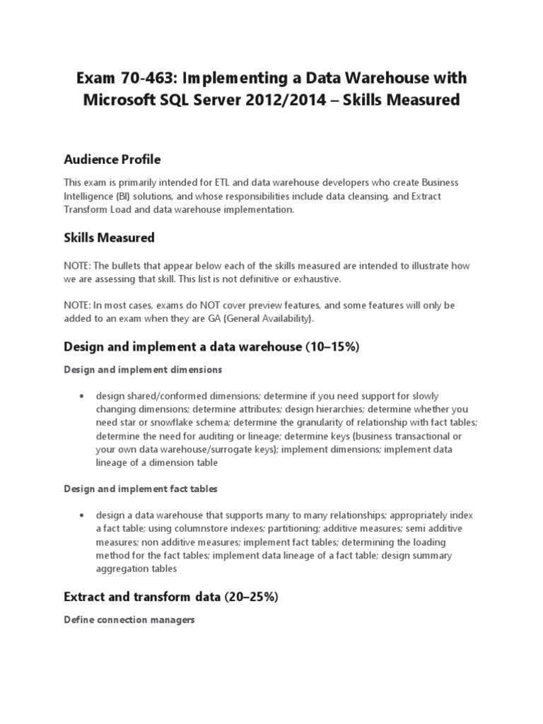 Exam 70 463 Implementing A Data Warehouse With Microsoft SQL Server 2012 2014 Skills Measured ...