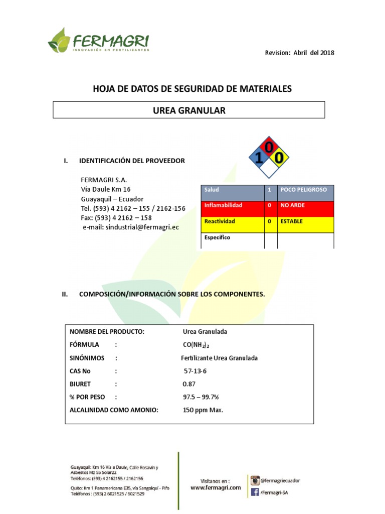 MSDS Urea Granular | PDF | Amoníaco | Compuestos químicos