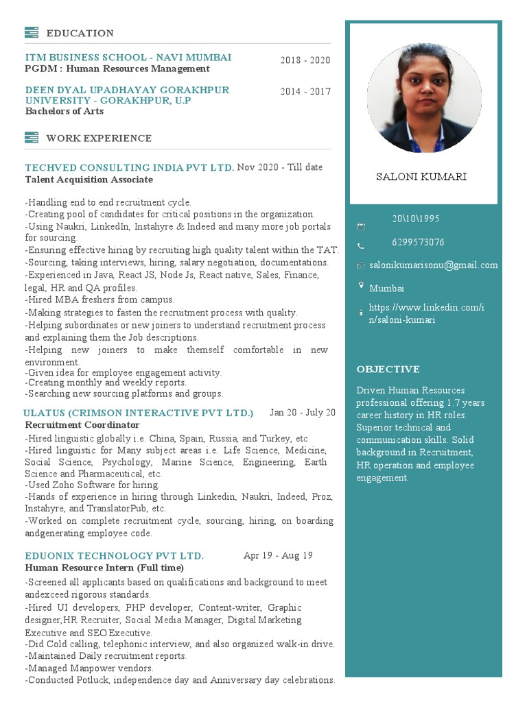Saloni Resume | PDF | Recruitment | Human Resources