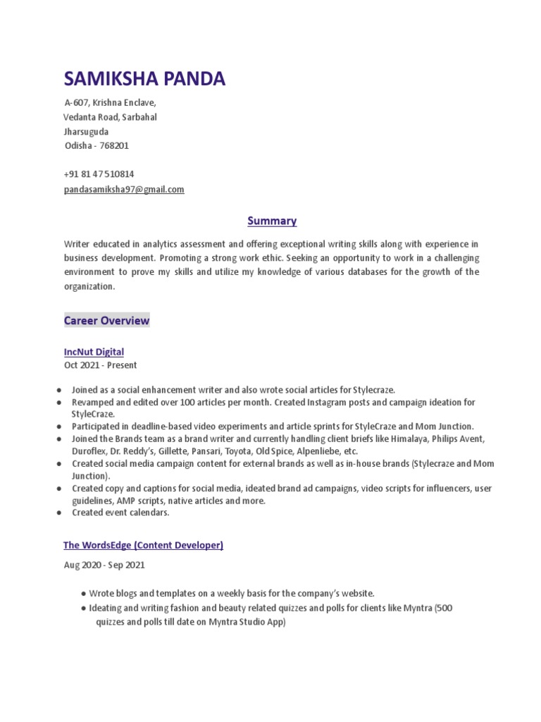 Samiksha Panda - Resume | PDF | Social Media | Popular Culture & Media ...