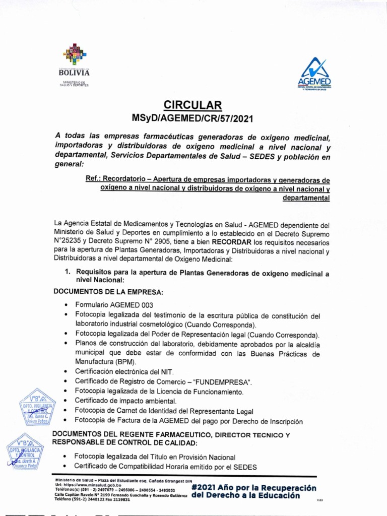 Circular-57-2021 Requisitos para La Creacion de Empresas Proveedoras de Oxigeno | PDF