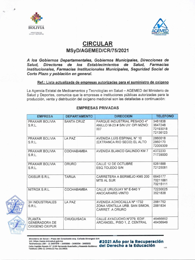 Lista de Proveedores de Oxígeno en Bolivia | PDF | Bolivia