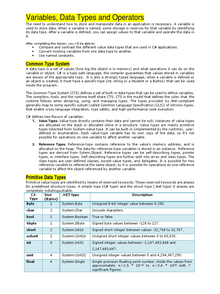 Variables, Data Types and Operators | PDF | Data Type | Variable ... Variables, Data Types and Operators | PDF | Data Type | Variable ...