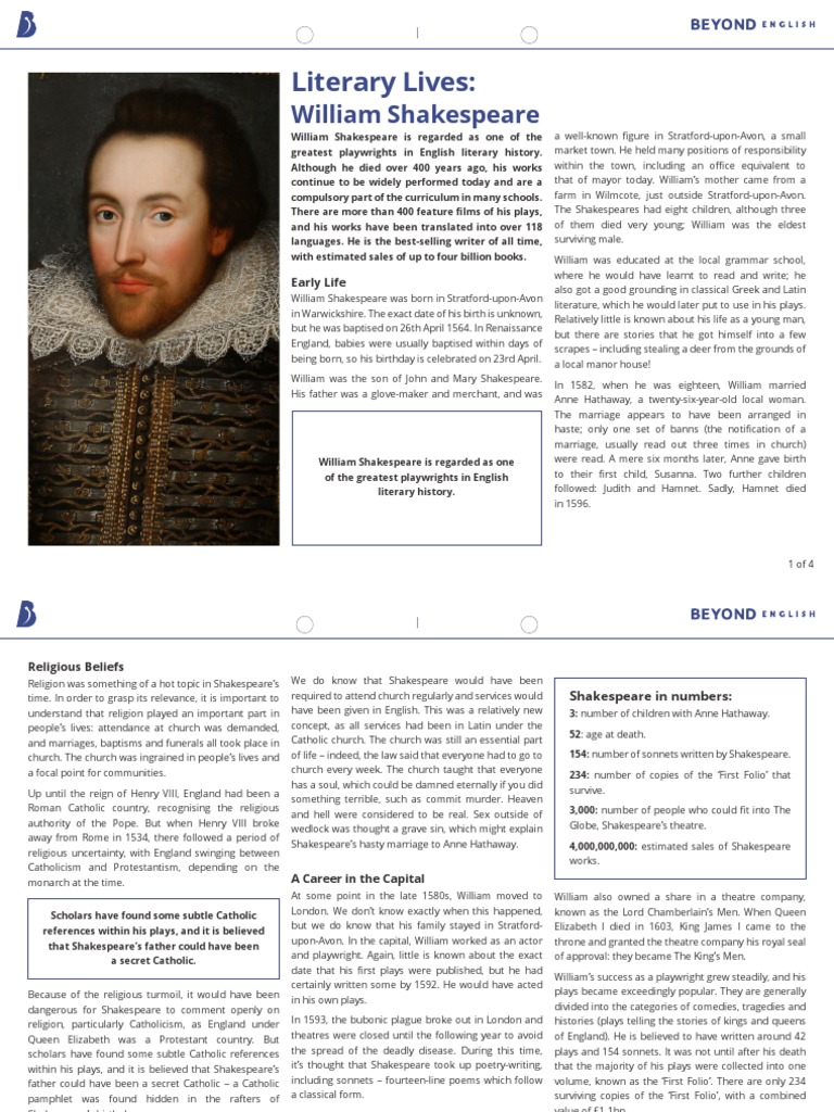 William Shakespeare Reading Comprehension | PDF | William Shakespeare ...