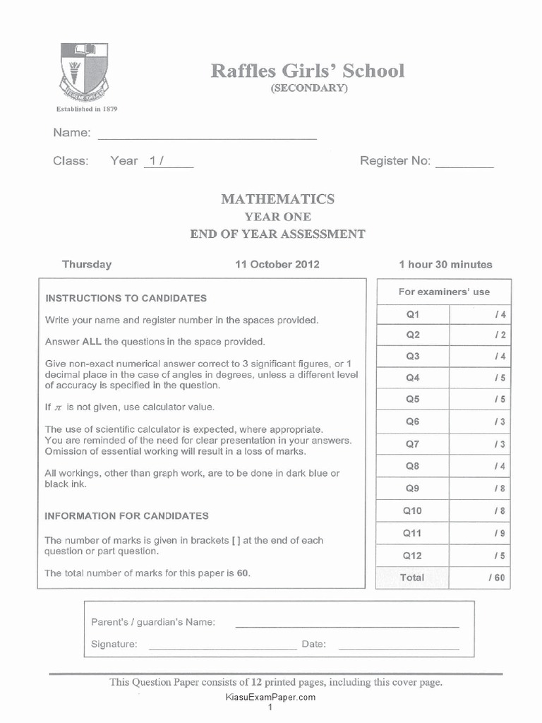 (SA2) 2012 Y1 Math RGS EYA-pk - Edited | PDF