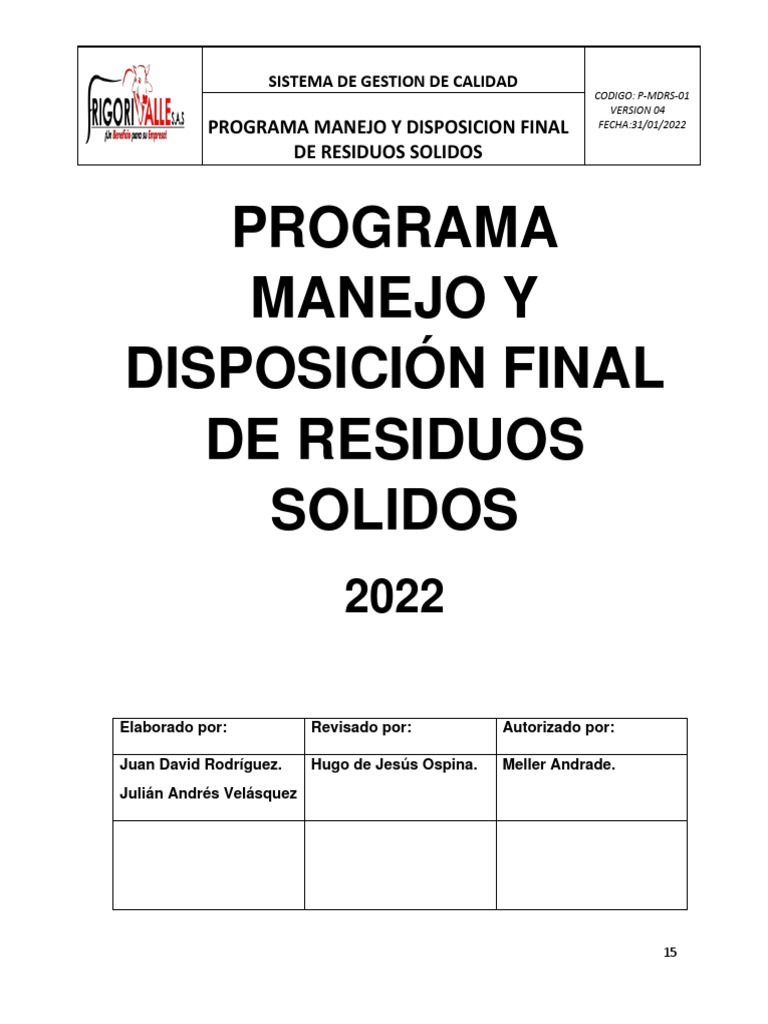 Programa de Manejo y Disposicion Final de Residuos Solidos | PDF | Residuos | Reciclaje