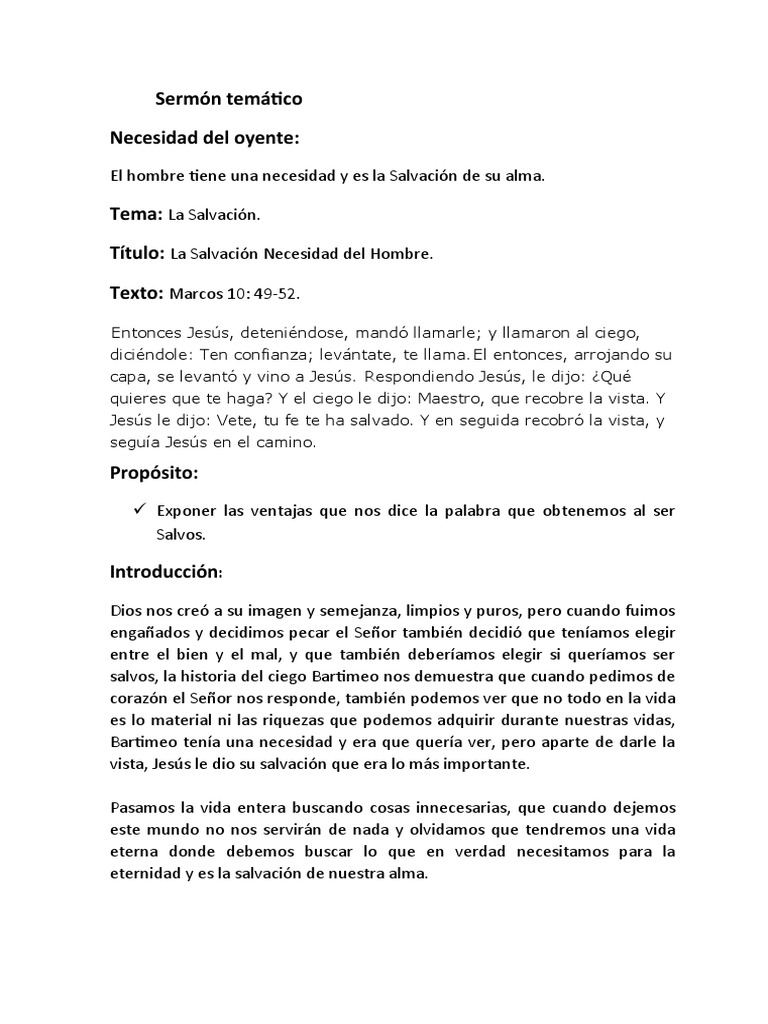 Trabajo Final Homiletica 1 Sermon Tematico | PDF | Pecado | Salvación