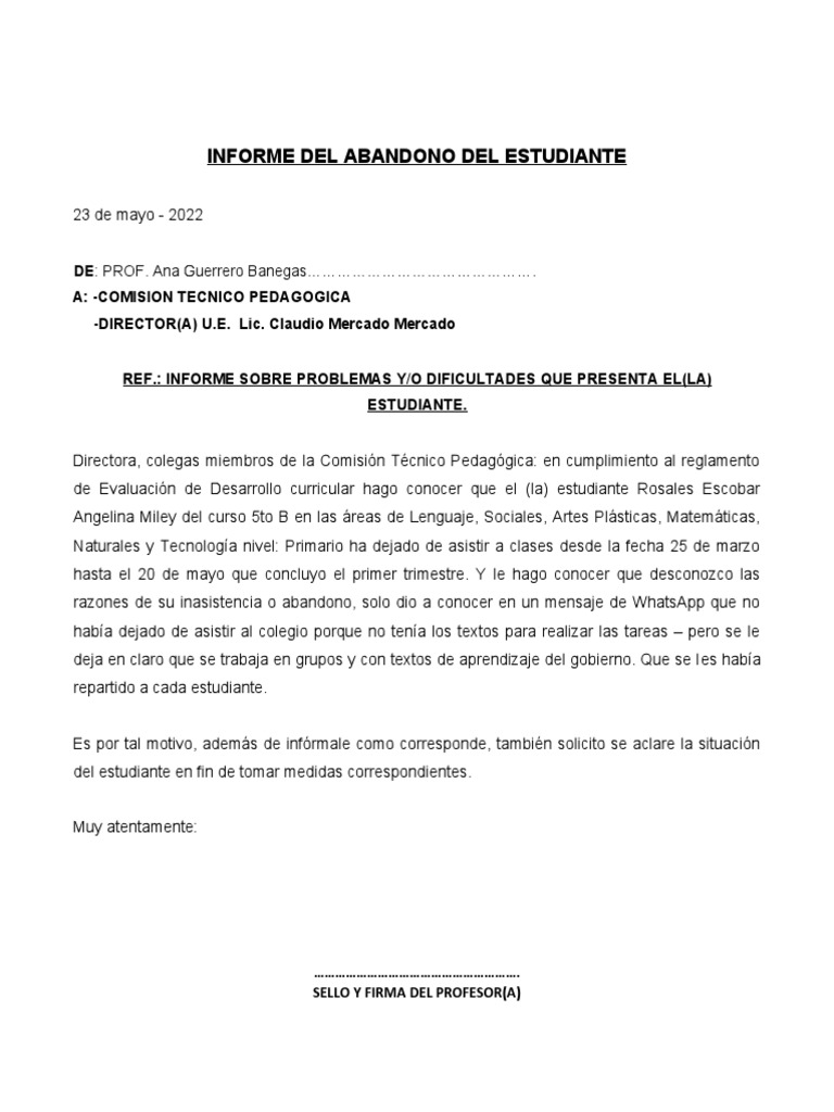 Informe Del Abandono Del Estudiante 2022 | PDF