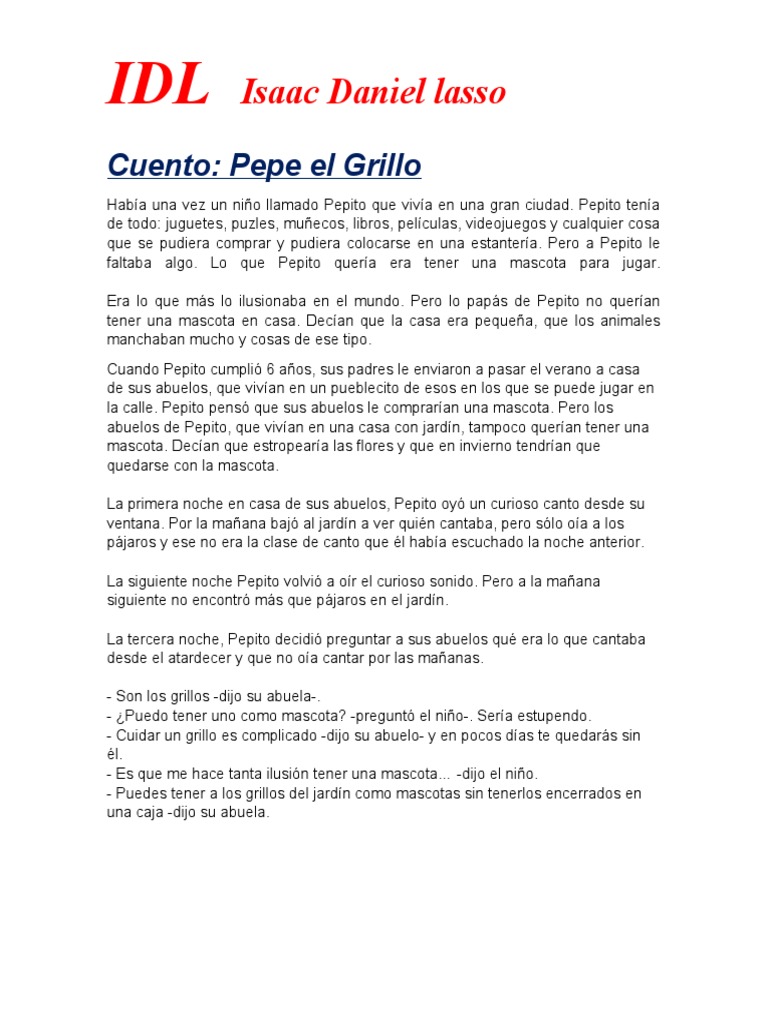 Cuento Pepe El Grillo | PDF