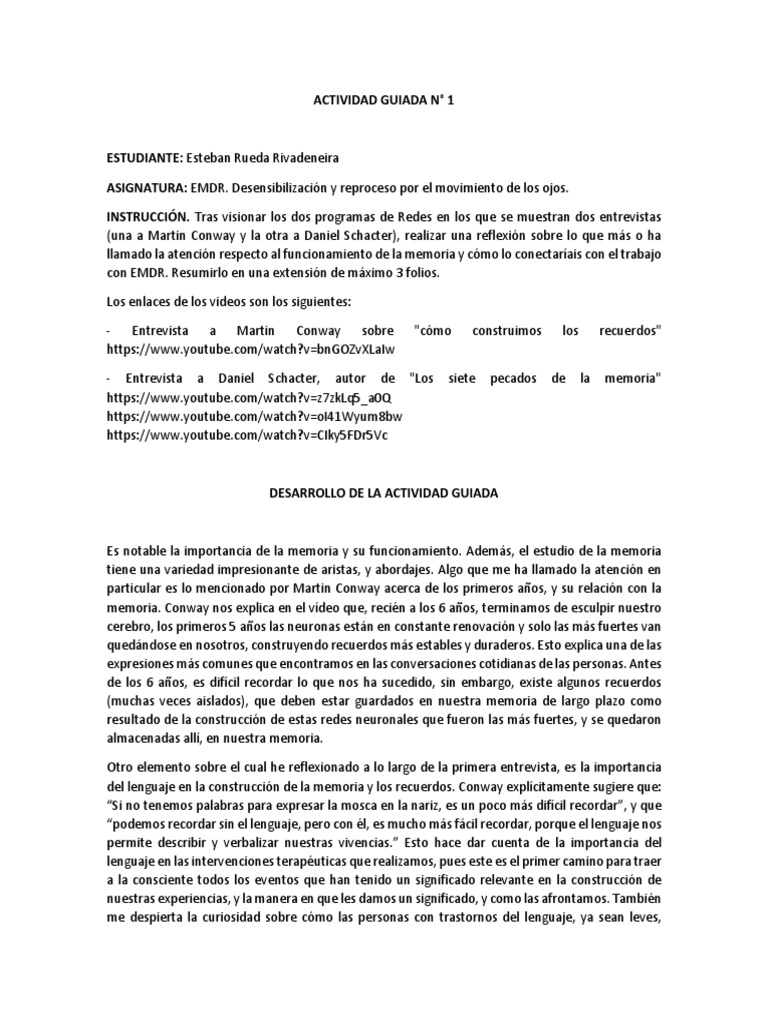 Actividad Guiada N1 | PDF | Desensibilización y reprocesamiento por movimientos oculares | Memoria