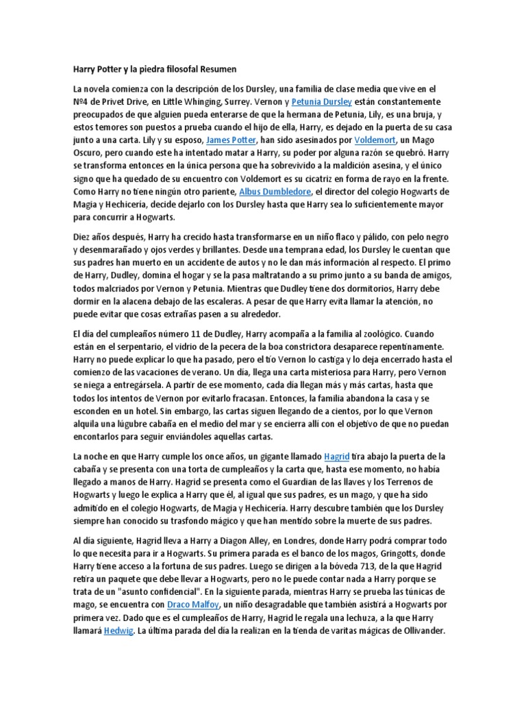 Harry Potter y La Piedra Filosofal Resumen | PDF | Organizaciones ficticias | Harry Potter