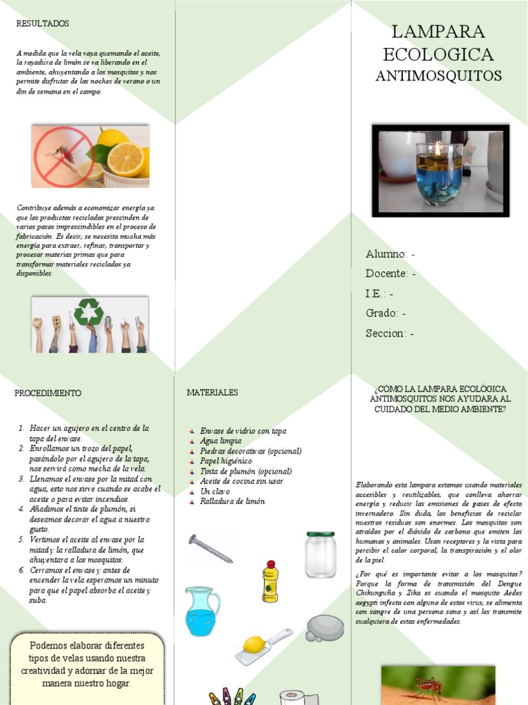 Experimento "Lampara Ecologica Antimosquitos" - Triptico | PDF | Reciclaje | Papel
