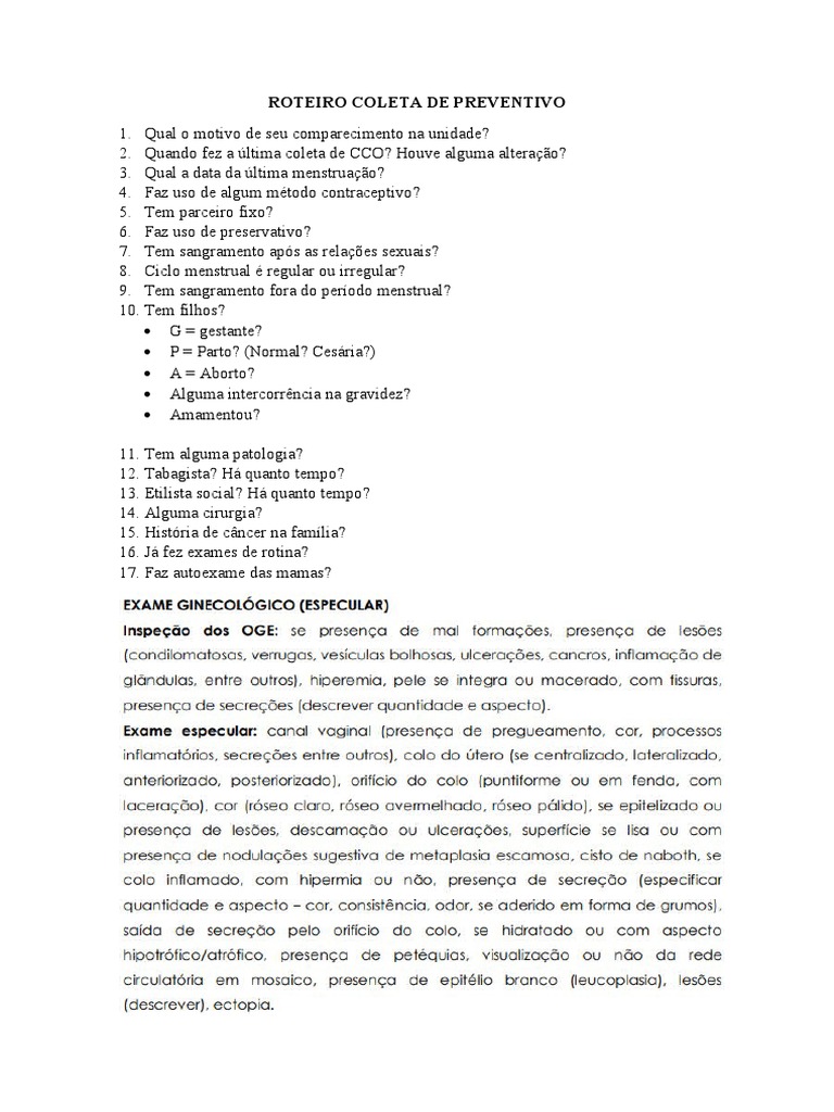 Roteiro Coleta de Preventivo | PDF