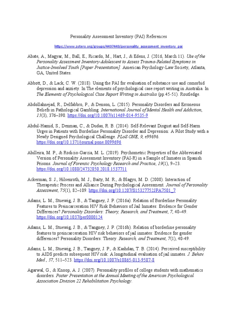 Personality Assessment Inventory (PAI) References | PDF | Psychopathy ...