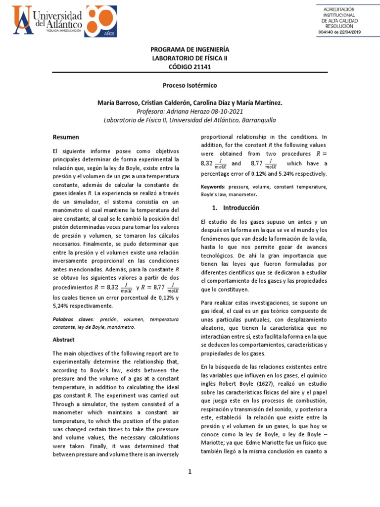 Informe Proceso Isotérmico | PDF | Gases | Física Matemática