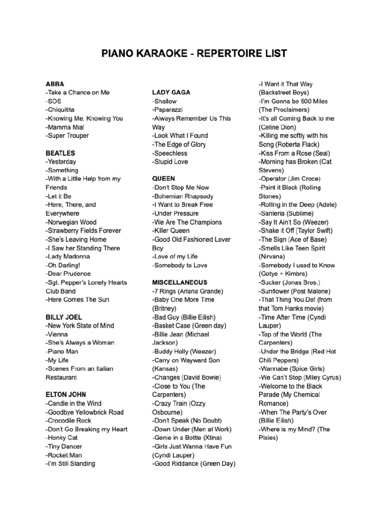 Piano Karaoke - Repertoire List | PDF