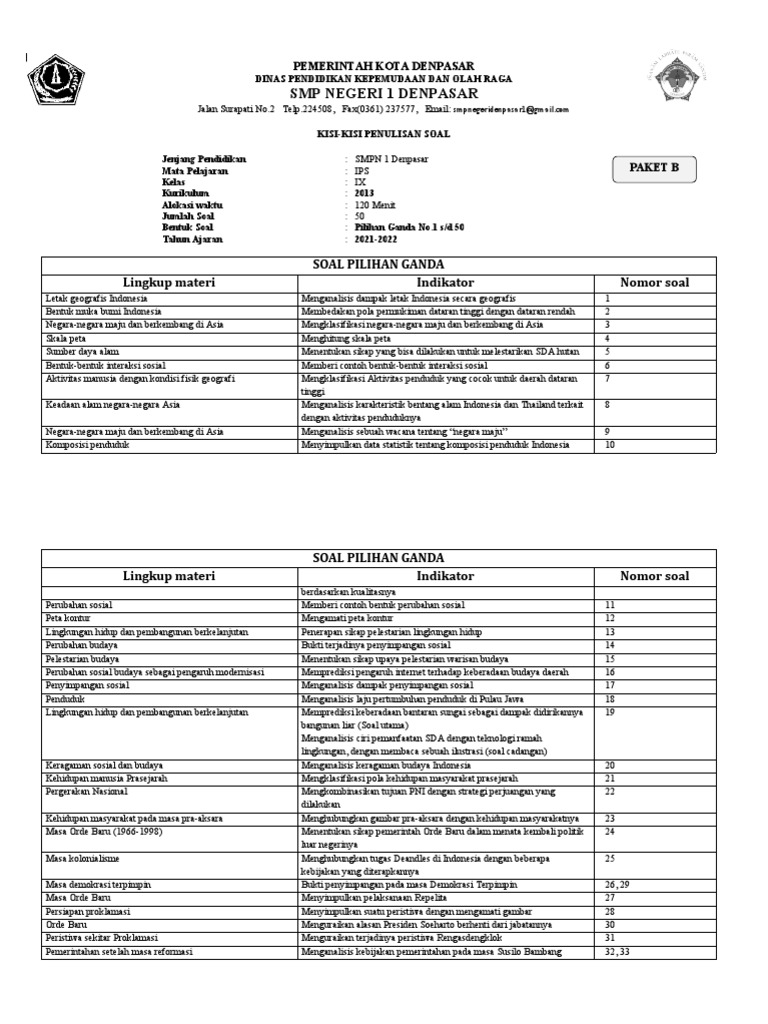 PAKET B - Kisi-Kisi Soal US IPS SMP 1 DPS 2021-2022 | PDF