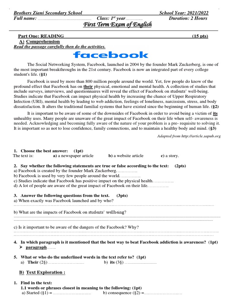 1st Term Exam 2021 (1st Year L) | PDF | Facebook | Mental Health