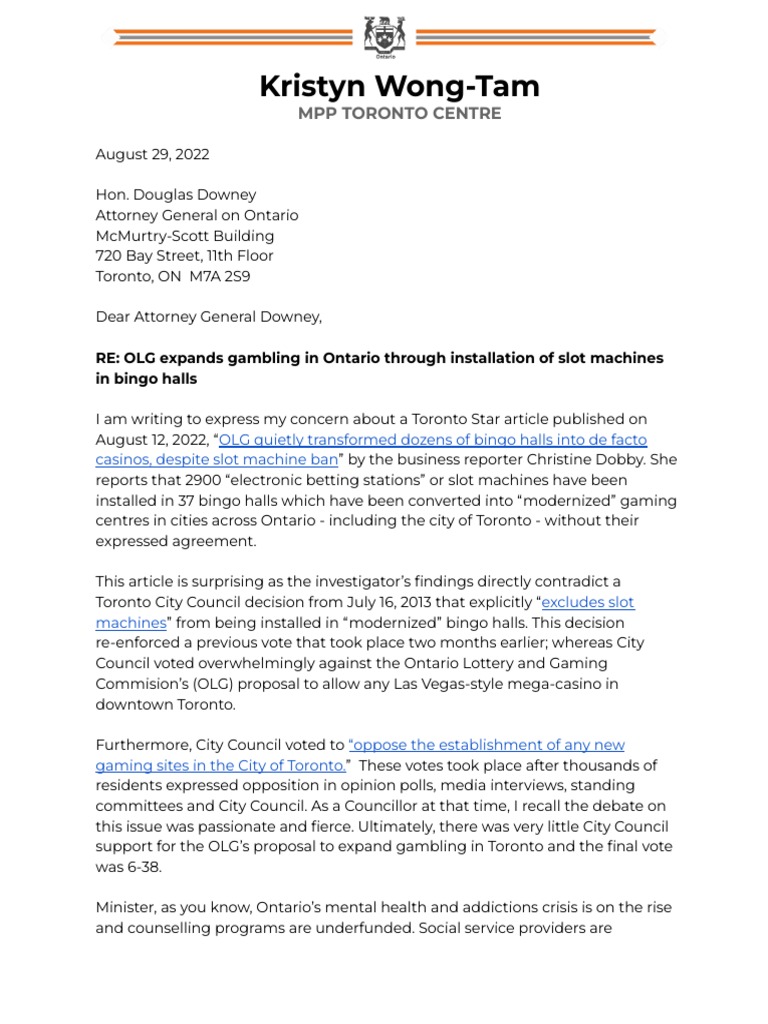 Letter To Minister Downey Re Bingo Halls and OLG | PDF | Gambling ...